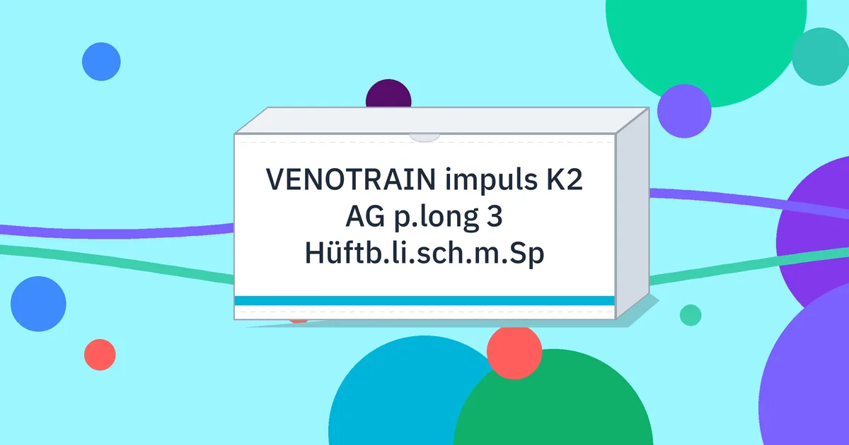 Symbolbild: Packung mit der Aufschrift VENOTRAIN impuls K2 AG p.long 3 Hüftb.li.sch.m.Sp (PZN 10294899) – Verfügbarkeit und Bezug in Apotheken in Frankfurt am Main