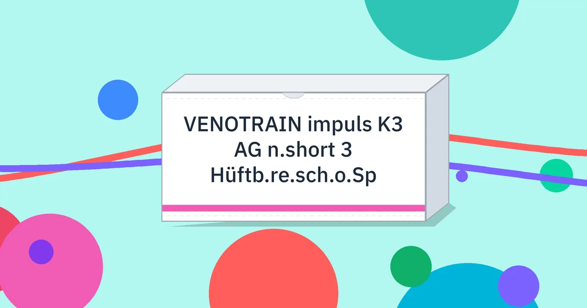 Symbolbild: Packung mit der Aufschrift VENOTRAIN impuls K3 AG n.short 3 Hüftb.re.sch.o.Sp (PZN 10294089) – Verfügbarkeit und Bezug in Apotheken in Frankfurt am Main