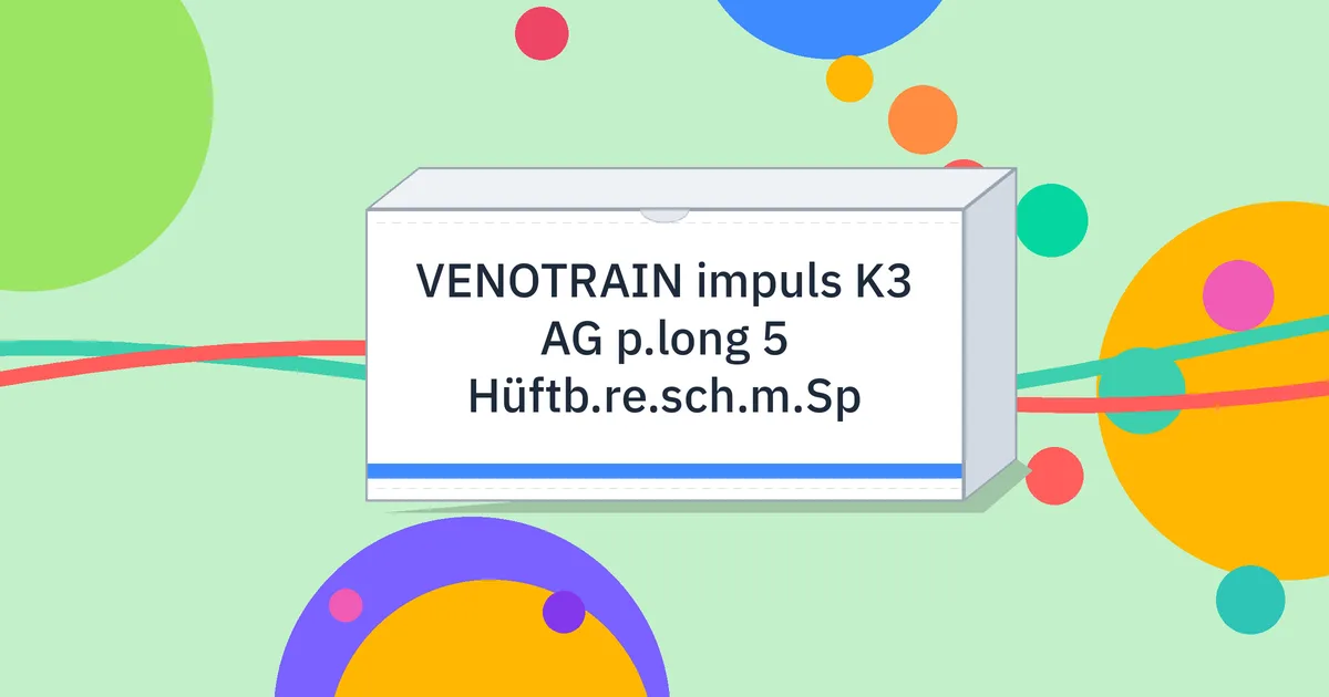 Symbolbild: Packung mit der Aufschrift VENOTRAIN impuls K3 AG p.long 5 Hüftb.re.sch.m.Sp (PZN 10294037) – Verfügbarkeit und Bezug in Apotheken in Frankfurt am Main