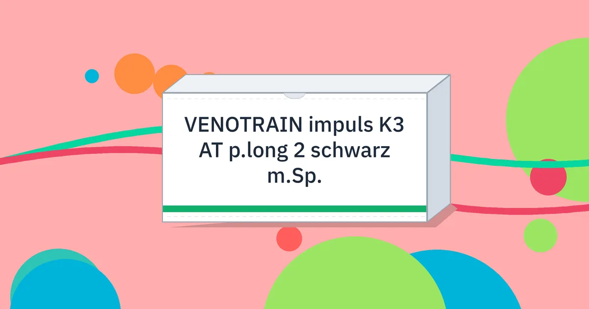 Symbolbild: Packung mit der Aufschrift VENOTRAIN impuls K3 AT p.long 2 schwarz m.Sp. (PZN 19356314) – Verfügbarkeit und Bezug in Apotheken in Frankfurt am Main