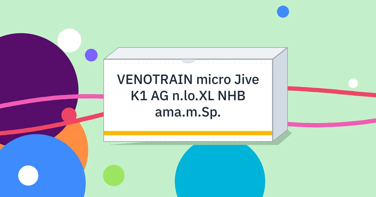 Symbolbild: Packung mit der Aufschrift VENOTRAIN micro Jive K1 AG n.lo.XL NHB ama.m.Sp. (PZN 17764977) – Verfügbarkeit und Bezug in Apotheken in Frankfurt am Main