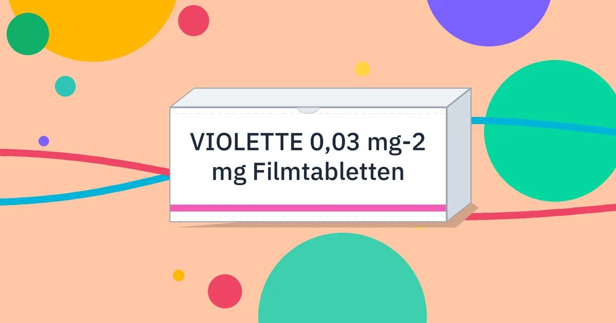 Symbolbild: Packung mit der Aufschrift VIOLETTE 0,03 mg-2 mg Filmtabletten (PZN 11268220) – Verfügbarkeit und Bezug in Apotheken in Frankfurt am Main