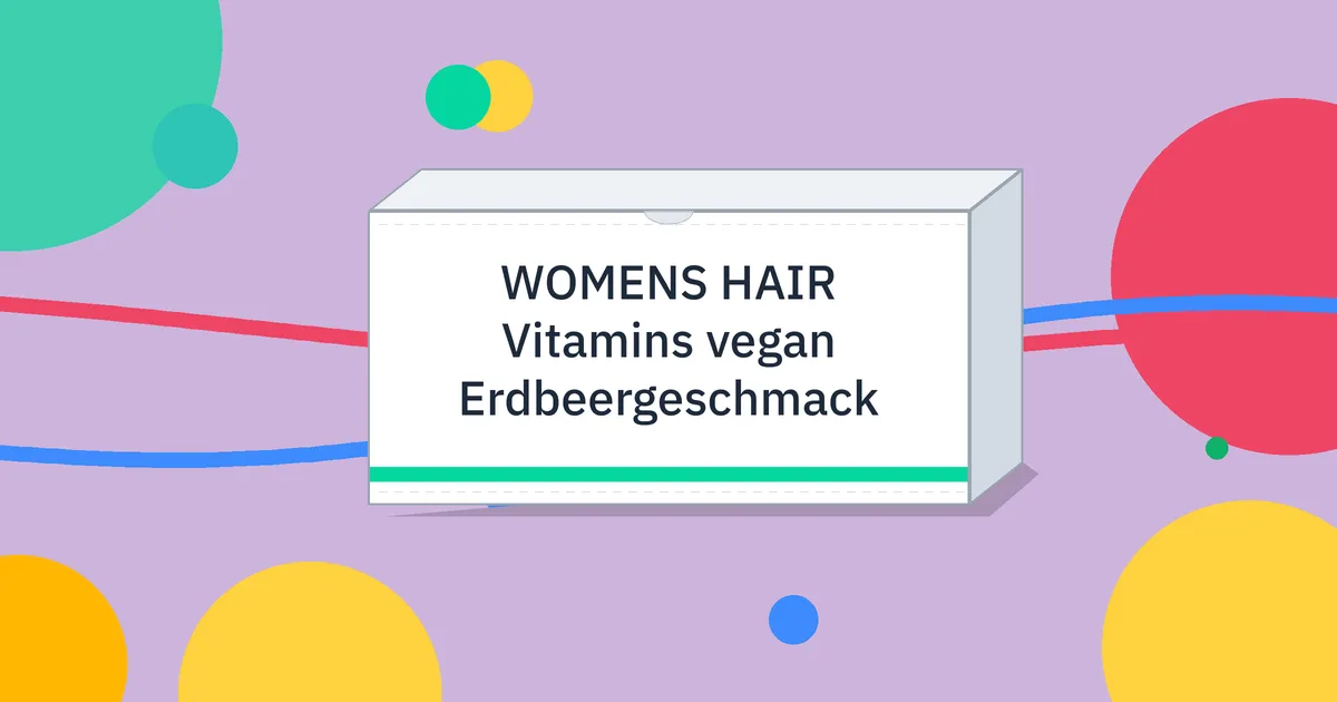 Symbolbild: Packung mit der Aufschrift WOMENS HAIR Vitamins vegan Erdbeergeschmack (PZN 19923983) – Verfügbarkeit und Bezug in Apotheken in Frankfurt am Main