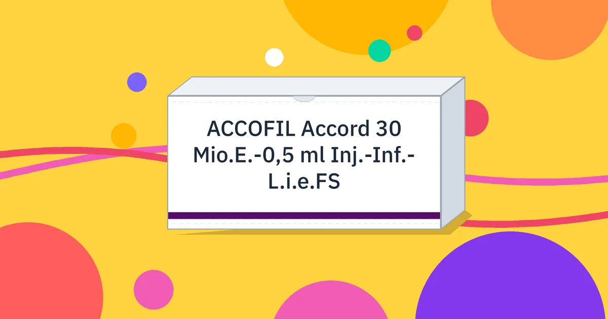 Symbolbild: Packung mit der Aufschrift ACCOFIL Accord 30 Mio.E.-0,5 ml Inj.-Inf.-L.i.e.FS (PZN 18761834) – Verfügbarkeit und Bezug in Apotheken in Frankfurt am Main