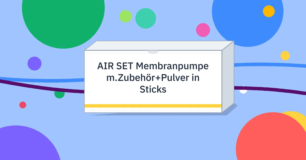 Symbolbild: Packung mit der Aufschrift AIR SET Membranpumpe m.Zubehör+Pulver in Sticks (PZN 10824363) – Verfügbarkeit und Bezug in Apotheken in Frankfurt am Main
