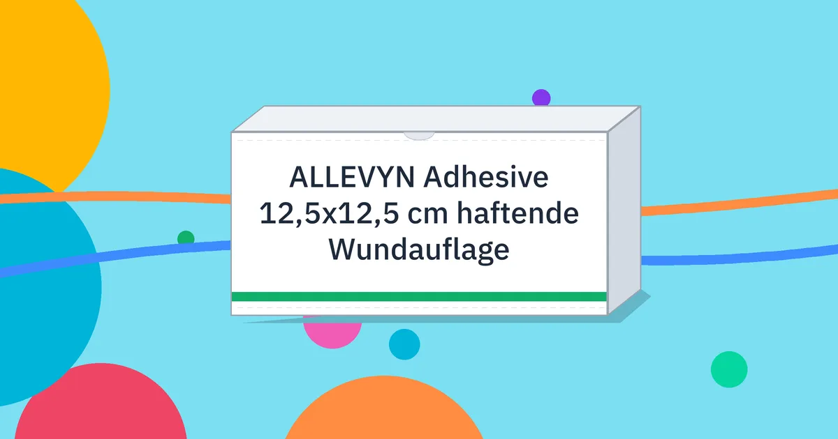 Symbolbild: Packung mit der Aufschrift ALLEVYN Adhesive 12,5x12,5 cm haftende Wundauflage (PZN 12544277) – Verfügbarkeit und Bezug in Apotheken in Frankfurt am Main