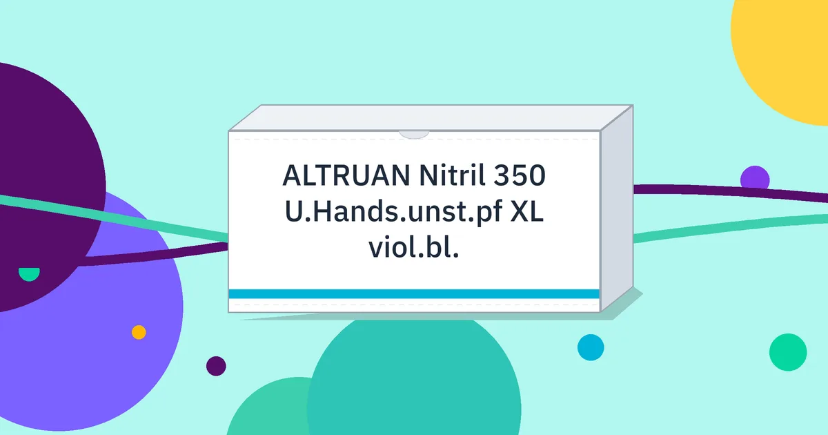 Symbolbild: Packung mit der Aufschrift ALTRUAN Nitril 350 U.Hands.unst.pf XL viol.bl. (PZN 20114556) – Verfügbarkeit und Bezug in Apotheken in Frankfurt am Main