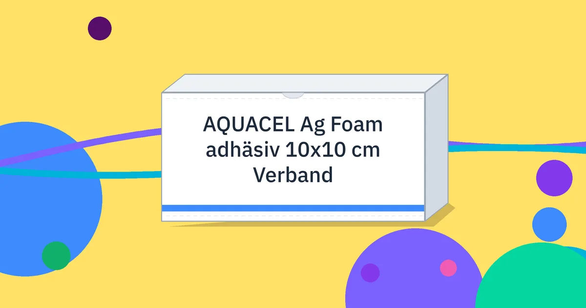 Symbolbild: Packung mit der Aufschrift AQUACEL Ag Foam adhäsiv 10x10 cm Verband (PZN 16259906) – Verfügbarkeit und Bezug in Apotheken in Frankfurt am Main