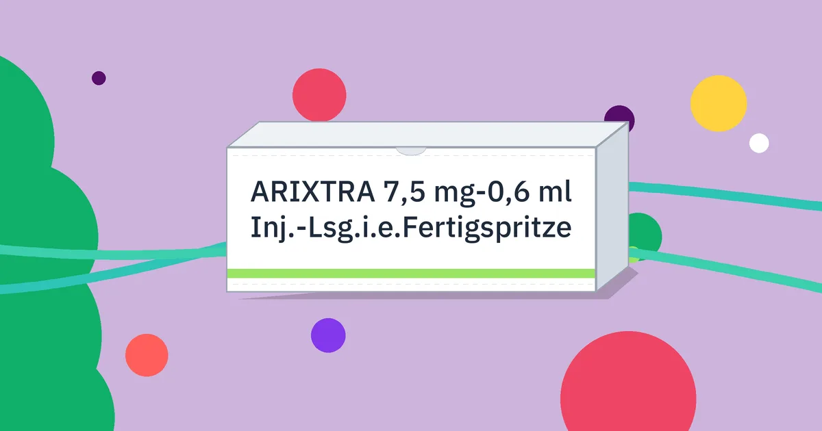 Symbolbild: Packung mit der Aufschrift ARIXTRA 7,5 mg-0,6 ml Inj.-Lsg.i.e.Fertigspritze (PZN 16614879) – Verfügbarkeit und Bezug in Apotheken in Frankfurt am Main