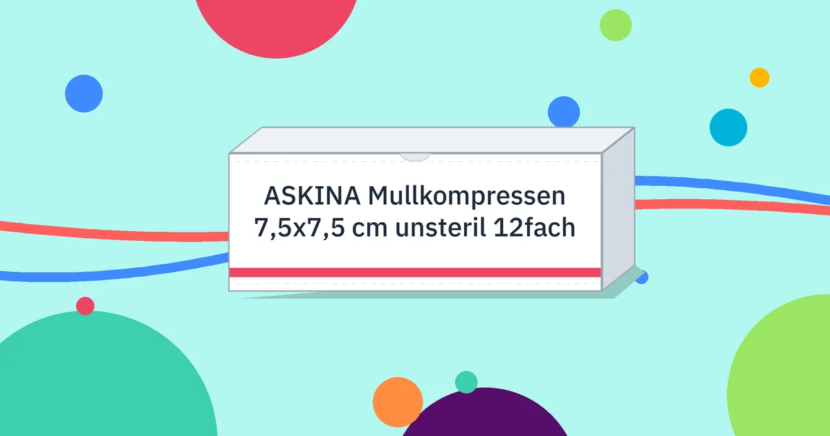 Symbolbild: Packung mit der Aufschrift ASKINA Mullkompressen 7,5x7,5 cm unsteril 12fach (PZN 12735735) – Verfügbarkeit und Bezug in Apotheken in Frankfurt am Main