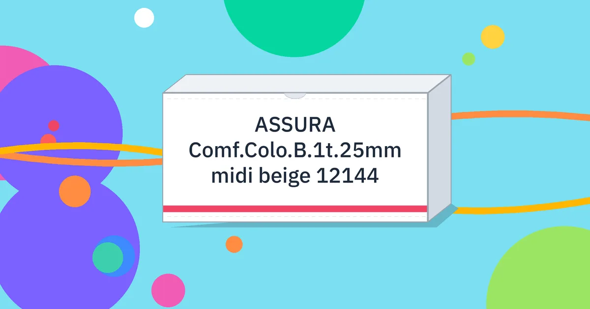 Symbolbild: Packung mit der Aufschrift ASSURA Comf.Colo.B.1t.25mm midi beige 12144 (PZN 08996074) – Verfügbarkeit und Bezug in Apotheken in Frankfurt am Main