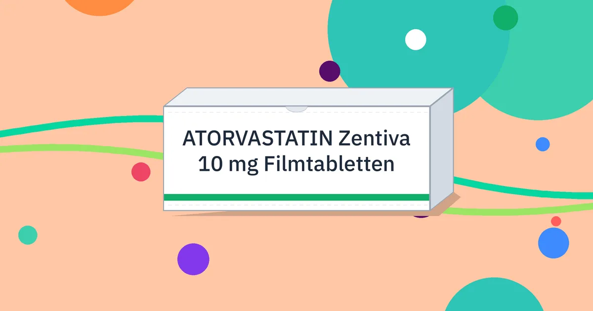 Symbolbild: Packung mit der Aufschrift ATORVASTATIN Zentiva 10 mg Filmtabletten (PZN 15784295) – Verfügbarkeit und Bezug in Apotheken in Frankfurt am Main