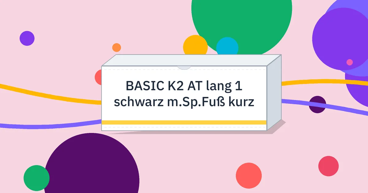 Symbolbild: Packung mit der Aufschrift BASIC K2 AT lang 1 schwarz m.Sp.Fuß kurz (PZN 20268667) – Verfügbarkeit und Bezug in Apotheken in Frankfurt am Main