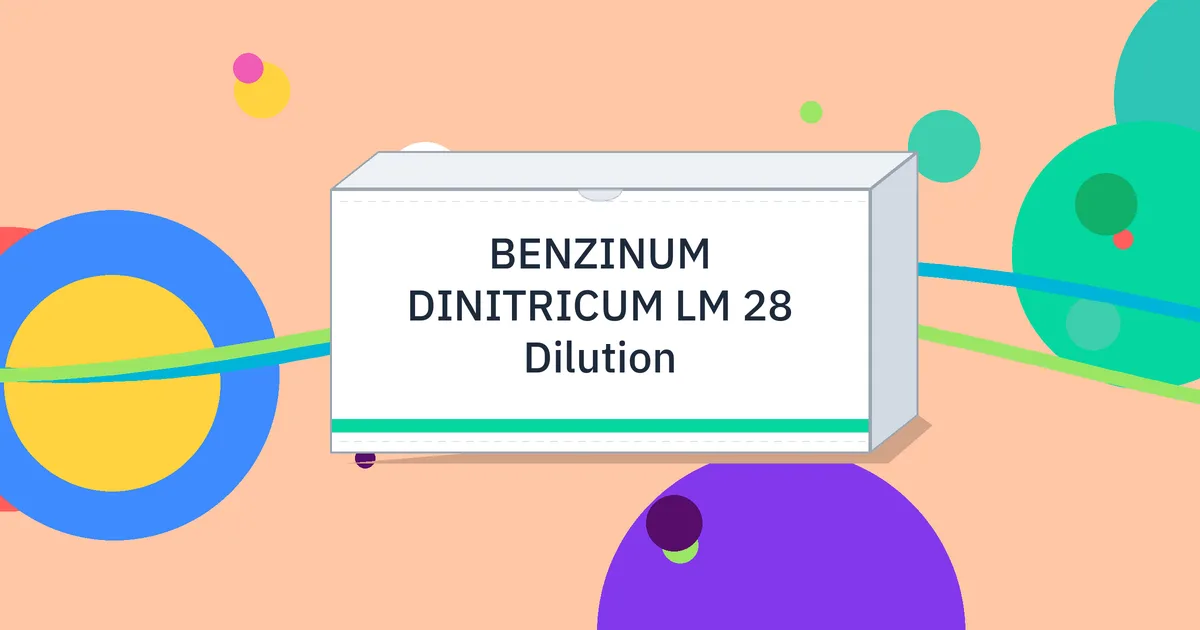 Symbolbild: Packung mit der Aufschrift BENZINUM DINITRICUM LM 28 Dilution (PZN 13382598) – Verfügbarkeit und Bezug in Apotheken in Frankfurt am Main