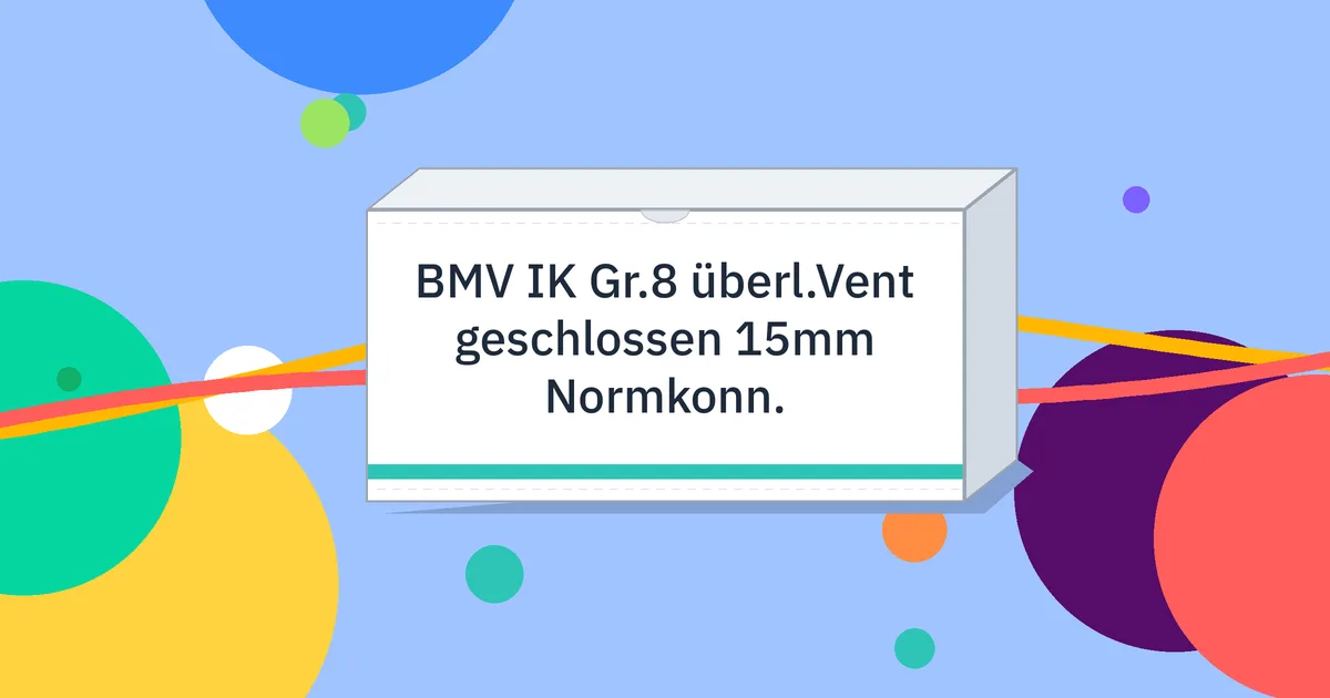 Symbolbild: Packung mit der Aufschrift BMV IK Gr.8 überl.Vent geschlossen 15mm Normkonn. (PZN 18381540) – Verfügbarkeit und Bezug in Apotheken in Frankfurt am Main