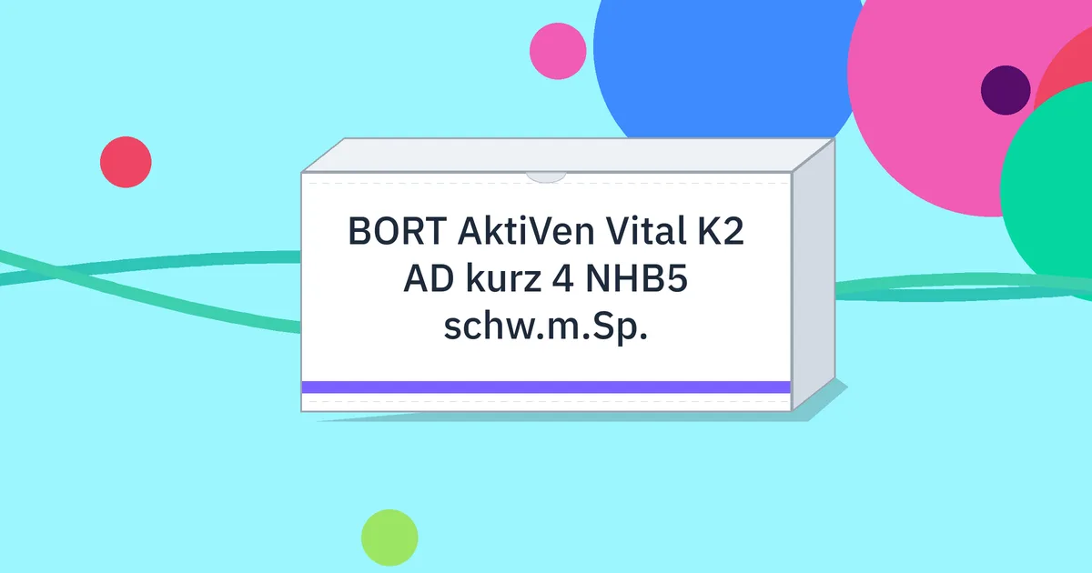 Symbolbild: Packung mit der Aufschrift BORT AktiVen Vital K2 AD kurz 4 NHB5 schw.m.Sp. (PZN 17493389) – Verfügbarkeit und Bezug in Apotheken in Frankfurt am Main