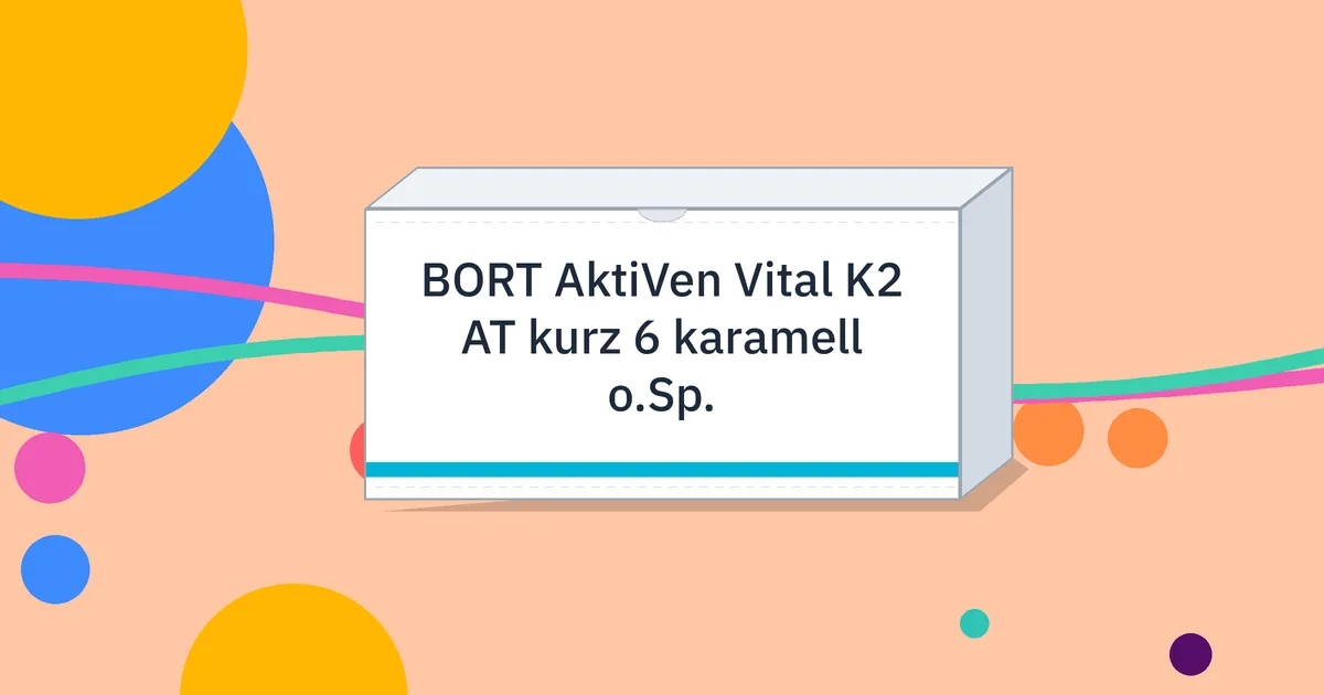 Symbolbild: Packung mit der Aufschrift BORT AktiVen Vital K2 AT kurz 6 karamell o.Sp. (PZN 13737707) – Verfügbarkeit und Bezug in Apotheken in Frankfurt am Main