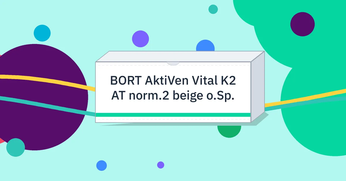 Symbolbild: Packung mit der Aufschrift BORT AktiVen Vital K2 AT norm.2 beige o.Sp. (PZN 13738931) – Verfügbarkeit und Bezug in Apotheken in Frankfurt am Main