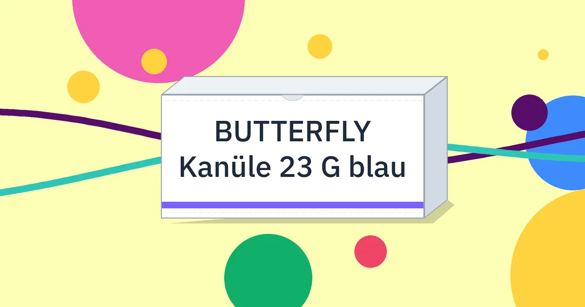 Symbolbild: Packung mit der Aufschrift BUTTERFLY Kanüle 23 G blau (PZN 19990554) – Verfügbarkeit und Bezug in Apotheken in Frankfurt am Main