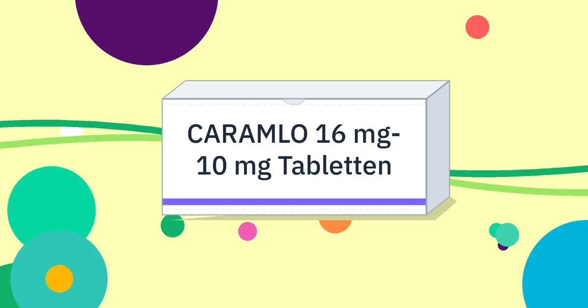 Symbolbild: Packung mit der Aufschrift CARAMLO 16 mg-10 mg Tabletten (PZN 16632854) – Verfügbarkeit und Bezug in Apotheken in Frankfurt am Main