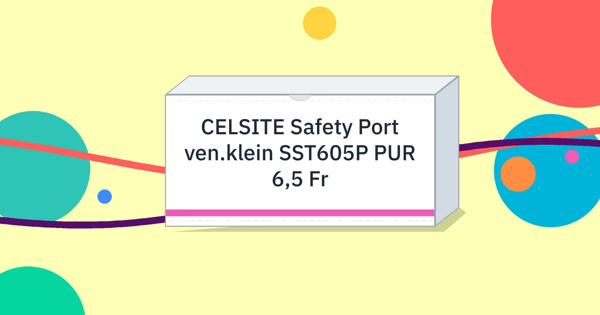 Symbolbild: Packung mit der Aufschrift CELSITE Safety Port ven.klein SST605P PUR 6,5 Fr (PZN 11322907) – Verfügbarkeit und Bezug in Apotheken in Frankfurt am Main