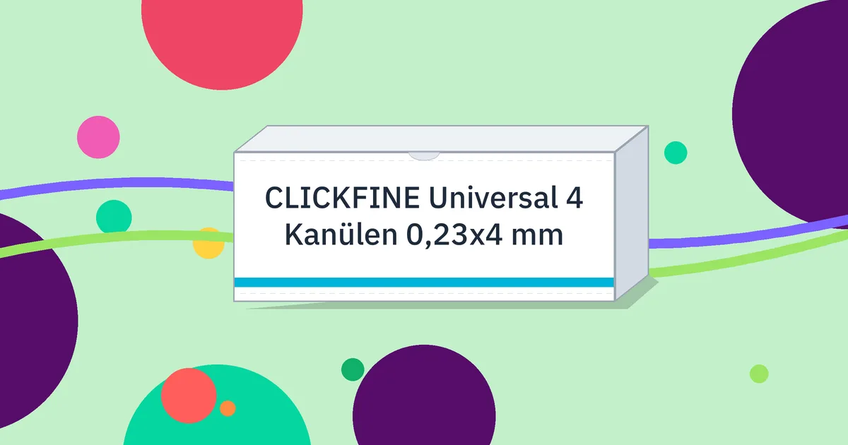 Symbolbild: Packung mit der Aufschrift CLICKFINE Universal 4 Kanülen 0,23x4 mm (PZN 16360344) – Verfügbarkeit und Bezug in Apotheken in Frankfurt am Main