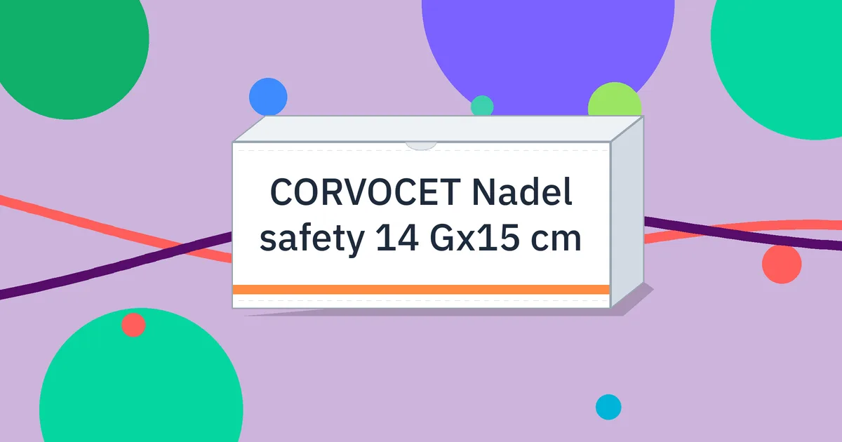 Symbolbild: Packung mit der Aufschrift CORVOCET Nadel safety 14 Gx15 cm (PZN 18764330) – Verfügbarkeit und Bezug in Apotheken in Frankfurt am Main