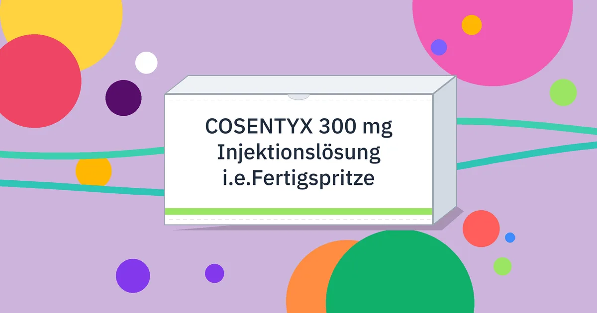 Symbolbild: Packung mit der Aufschrift COSENTYX 300 mg Injektionslösung i.e.Fertigspritze (PZN 17674412) – Verfügbarkeit und Bezug in Apotheken in Frankfurt am Main