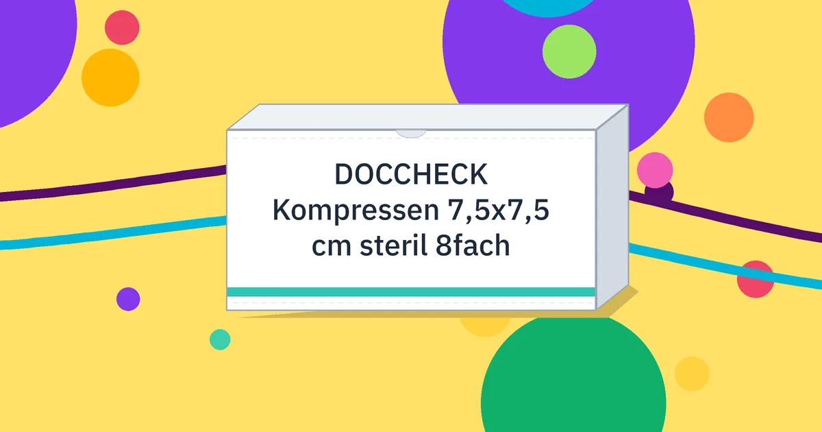 Symbolbild: Packung mit der Aufschrift DOCCHECK Kompressen 7,5x7,5 cm steril 8fach (PZN 09887418) – Verfügbarkeit und Bezug in Apotheken in Frankfurt am Main
