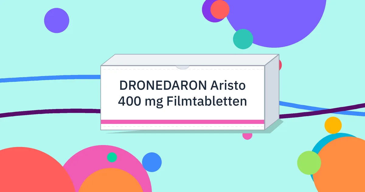 Symbolbild: Packung mit der Aufschrift DRONEDARON Aristo 400 mg Filmtabletten (PZN 20316739) – Verfügbarkeit und Bezug in Apotheken in Frankfurt am Main