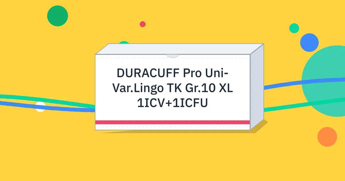 Symbolbild: Packung mit der Aufschrift DURACUFF Pro Uni-Var.Lingo TK Gr.10 XL 1ICV+1ICFU (PZN 19245856) – Verfügbarkeit und Bezug in Apotheken in Frankfurt am Main