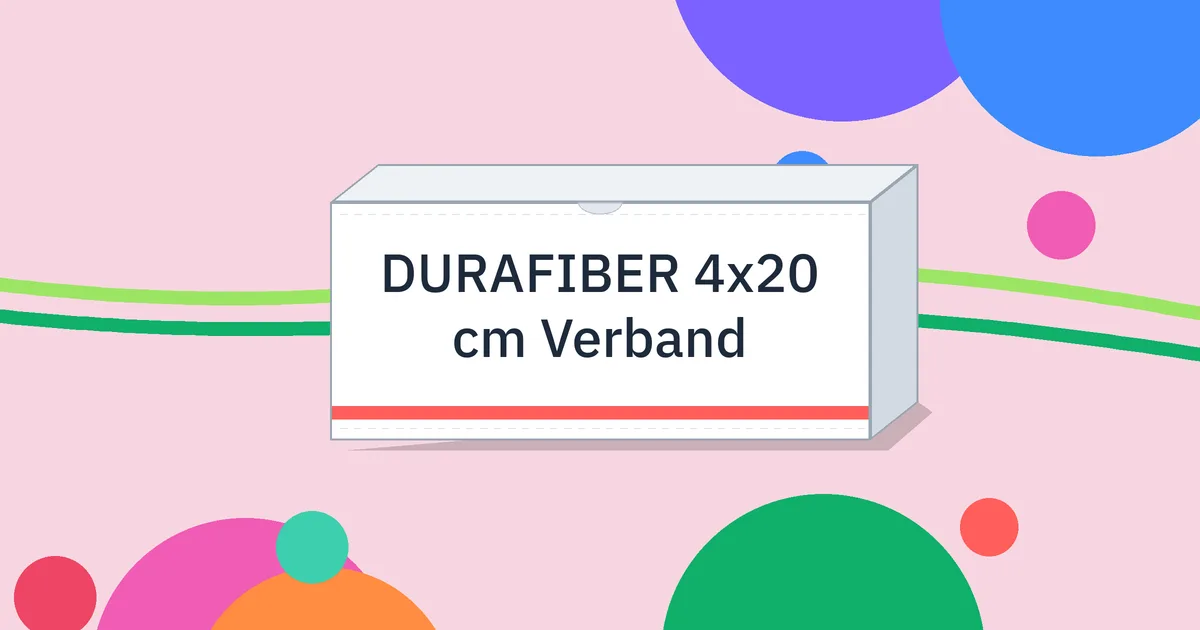 Symbolbild: Packung mit der Aufschrift DURAFIBER 4x20 cm Verband (PZN 10284139) – Verfügbarkeit und Bezug in Apotheken in Frankfurt am Main
