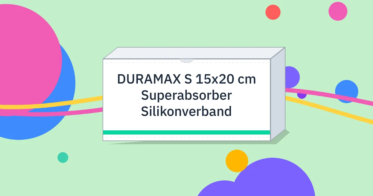 Symbolbild: Packung mit der Aufschrift DURAMAX S 15x20 cm Superabsorber Silikonverband (PZN 19753558) – Verfügbarkeit und Bezug in Apotheken in Frankfurt am Main