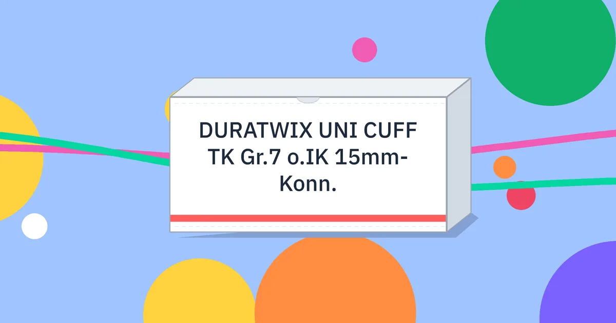 Symbolbild: Packung mit der Aufschrift DURATWIX UNI CUFF TK Gr.7 o.IK 15mm-Konn. (PZN 06963389) – Verfügbarkeit und Bezug in Apotheken in Frankfurt am Main