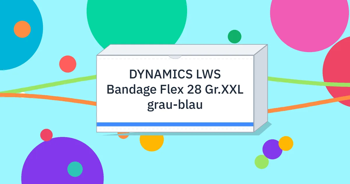 Symbolbild: Packung mit der Aufschrift DYNAMICS LWS Bandage Flex 28 Gr.XXL grau-blau (PZN 10634303) – Verfügbarkeit und Bezug in Apotheken in Frankfurt am Main