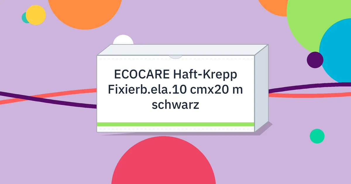 Symbolbild: Packung mit der Aufschrift ECOCARE Haft-Krepp Fixierb.ela.10 cmx20 m schwarz (PZN 11518697) – Verfügbarkeit und Bezug in Apotheken in Frankfurt am Main