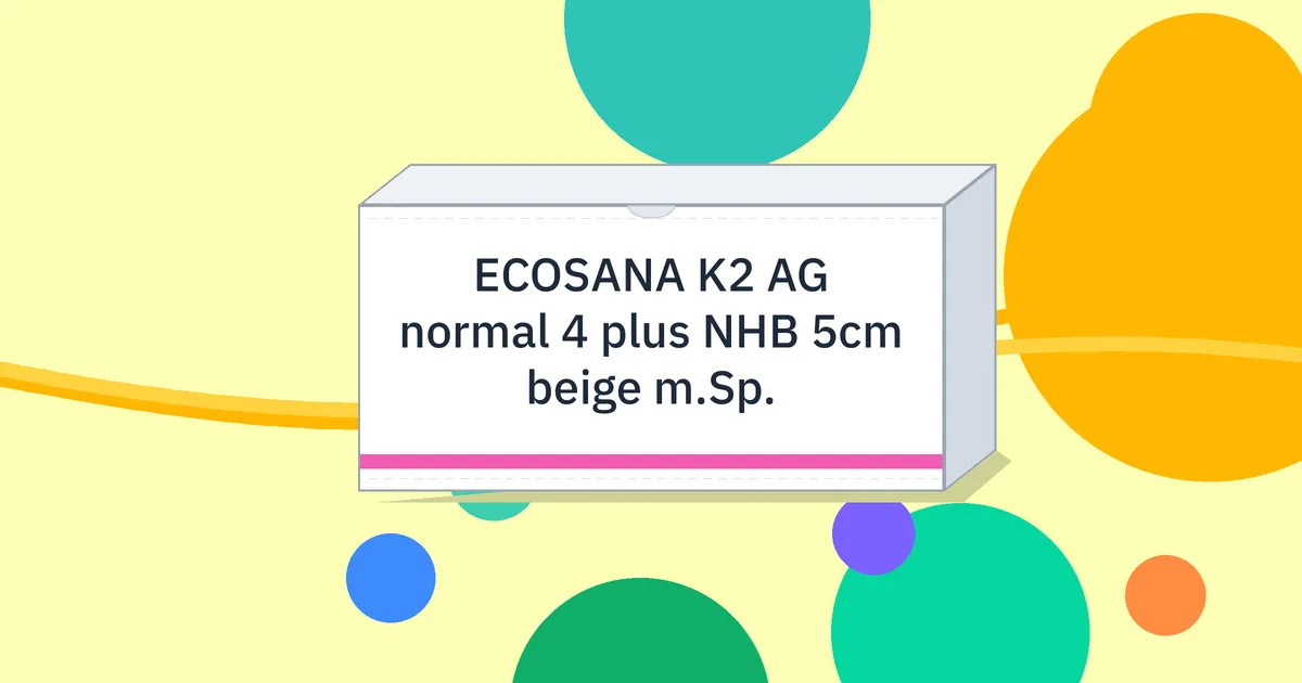 Symbolbild: Packung mit der Aufschrift ECOSANA K2 AG normal 4 plus NHB 5cm beige m.Sp. (PZN 01446809) – Verfügbarkeit und Bezug in Apotheken in Frankfurt am Main