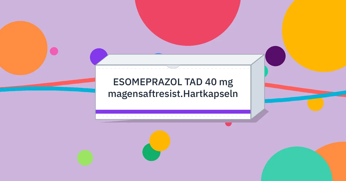 Symbolbild: Packung mit der Aufschrift ESOMEPRAZOL TAD 40 mg magensaftresist.Hartkapseln (PZN 06834427) – Verfügbarkeit und Bezug in Apotheken in Frankfurt am Main
