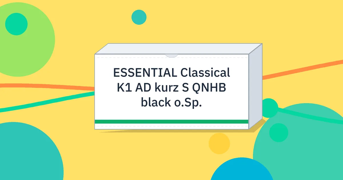 Symbolbild: Packung mit der Aufschrift ESSENTIAL Classical K1 AD kurz S QNHB black o.Sp. (PZN 18866059) – Verfügbarkeit und Bezug in Apotheken in Frankfurt am Main
