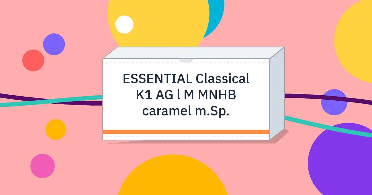 Symbolbild: Packung mit der Aufschrift ESSENTIAL Classical K1 AG l M MNHB caramel m.Sp. (PZN 19321480) – Verfügbarkeit und Bezug in Apotheken in Frankfurt am Main