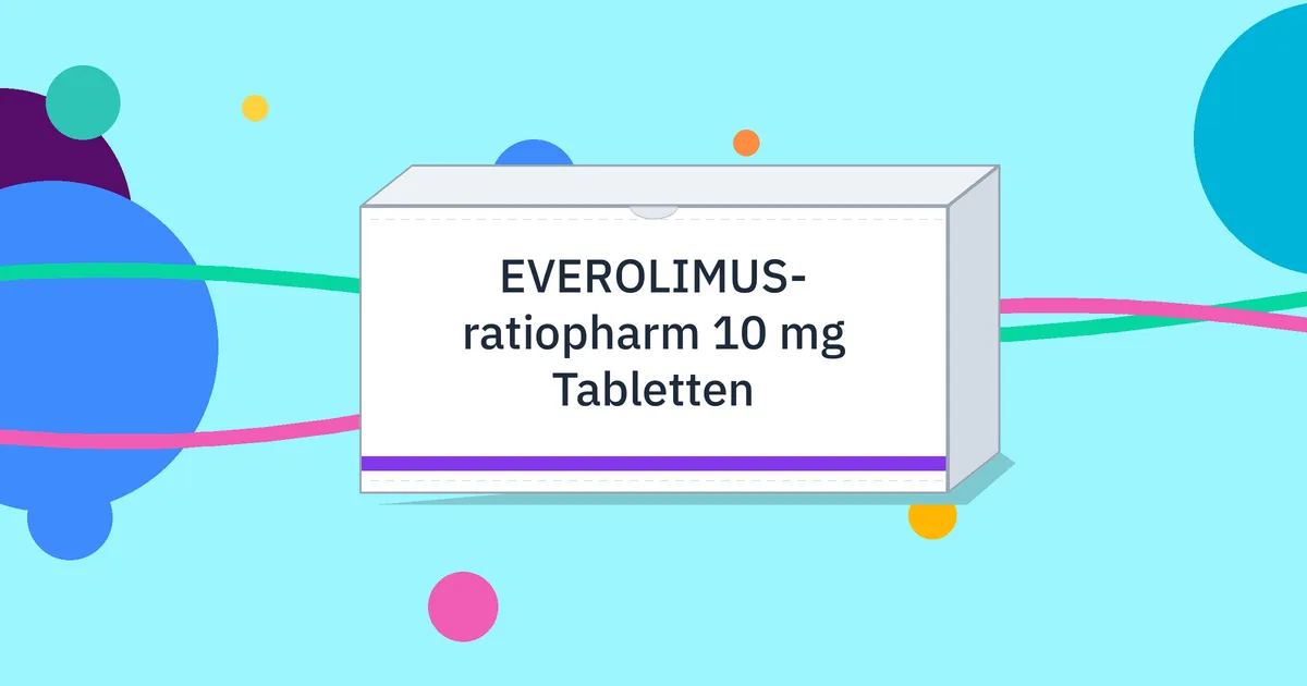 Symbolbild: Packung mit der Aufschrift EVEROLIMUS-ratiopharm 10 mg Tabletten (PZN 13350664) – Verfügbarkeit und Bezug in Apotheken in Frankfurt am Main