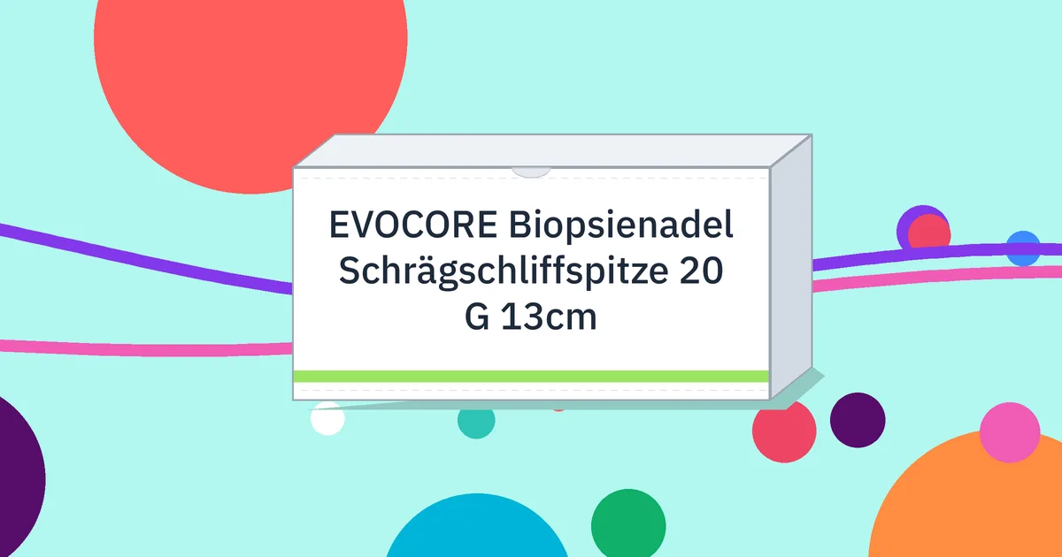 Symbolbild: Packung mit der Aufschrift EVOCORE Biopsienadel Schrägschliffspitze 20 G 13cm (PZN 11655342) – Verfügbarkeit und Bezug in Apotheken in Frankfurt am Main