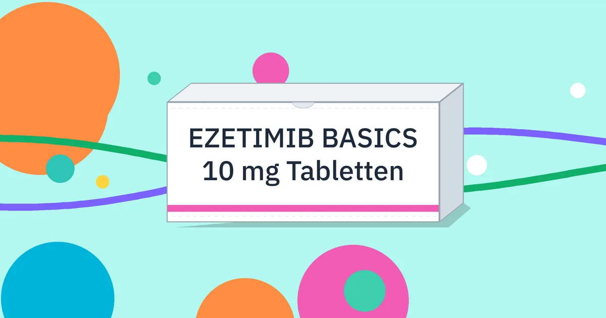 Symbolbild: Packung mit der Aufschrift EZETIMIB BASICS 10 mg Tabletten (PZN 13879608) – Verfügbarkeit und Bezug in Apotheken in Frankfurt am Main