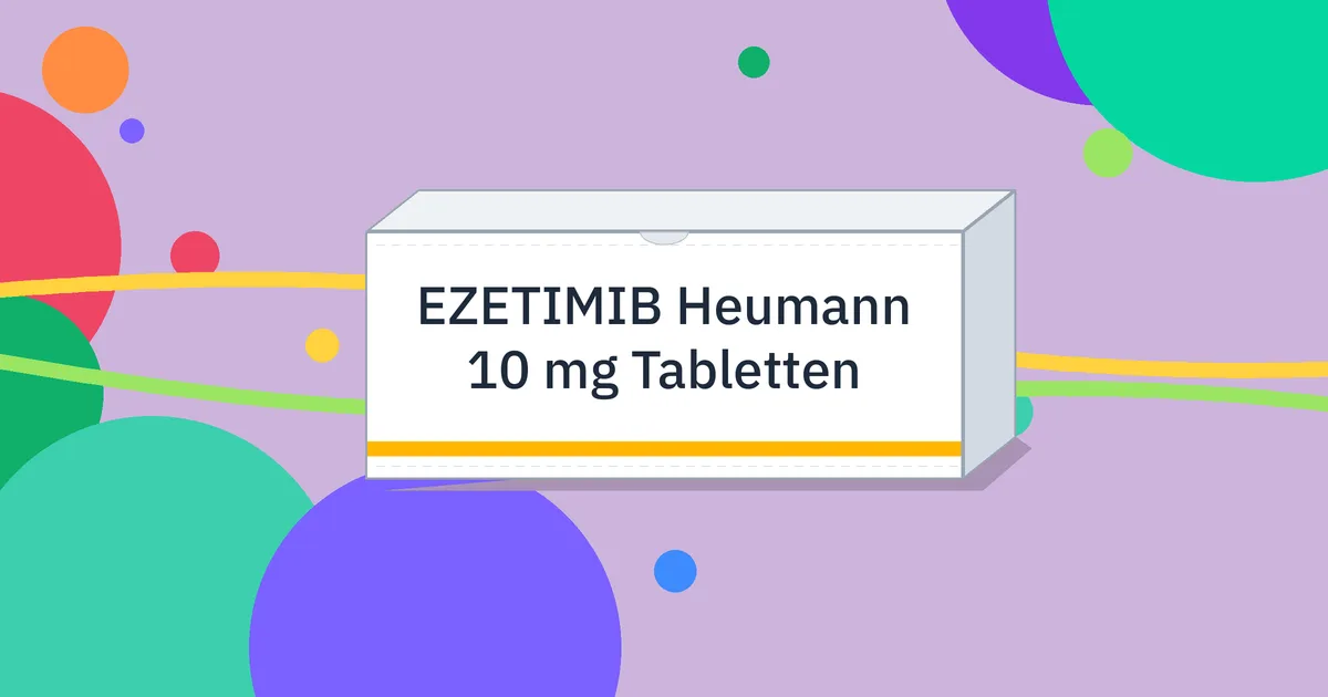 Symbolbild: Packung mit der Aufschrift EZETIMIB Heumann 10 mg Tabletten (PZN 13706486) – Verfügbarkeit und Bezug in Apotheken in Frankfurt am Main