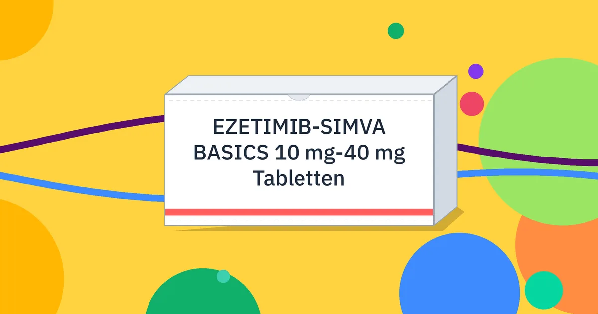 Symbolbild: Packung mit der Aufschrift EZETIMIB-SIMVA BASICS 10 mg-40 mg Tabletten (PZN 13828137) – Verfügbarkeit und Bezug in Apotheken in Frankfurt am Main