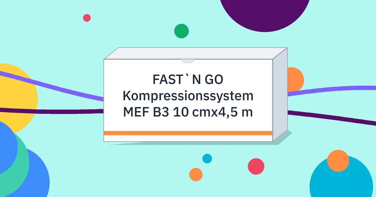 Symbolbild: Packung mit der Aufschrift FAST`N GO Kompressionssystem MEF B3 10 cmx4,5 m (PZN 15306532) – Verfügbarkeit und Bezug in Apotheken in Frankfurt am Main