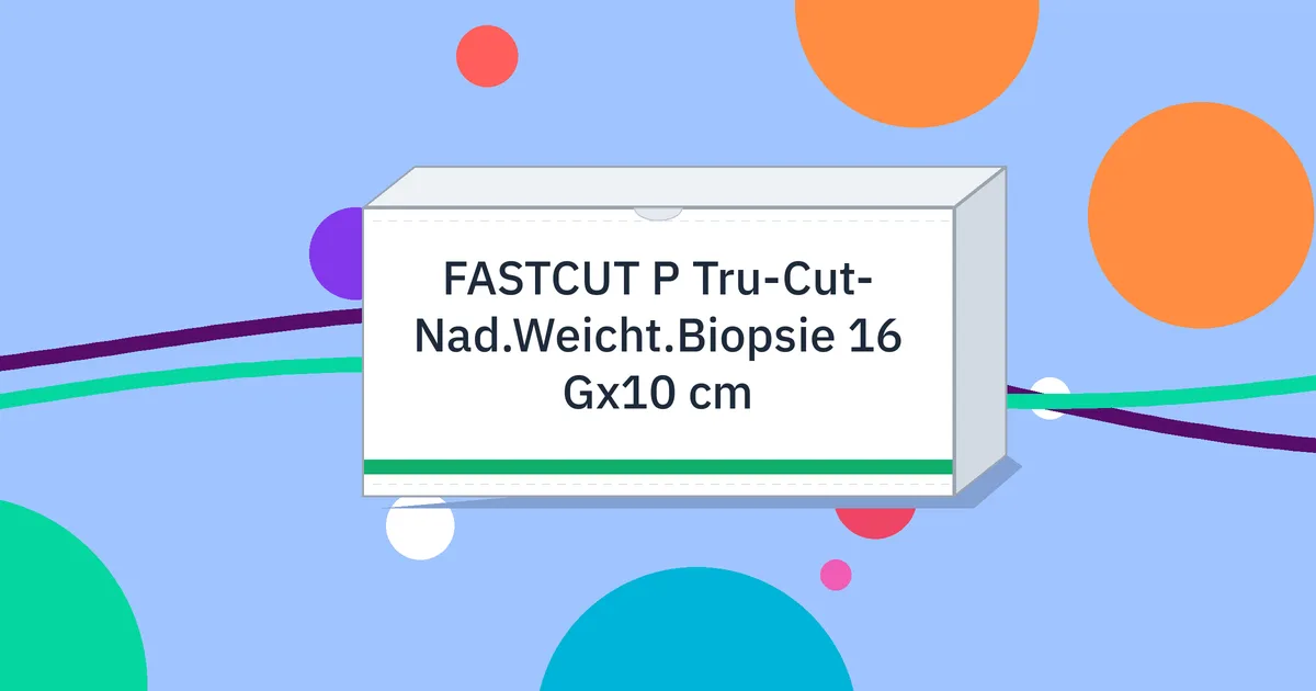Symbolbild: Packung mit der Aufschrift FASTCUT P Tru-Cut-Nad.Weicht.Biopsie 16 Gx10 cm (PZN 19734816) – Verfügbarkeit und Bezug in Apotheken in Frankfurt am Main
