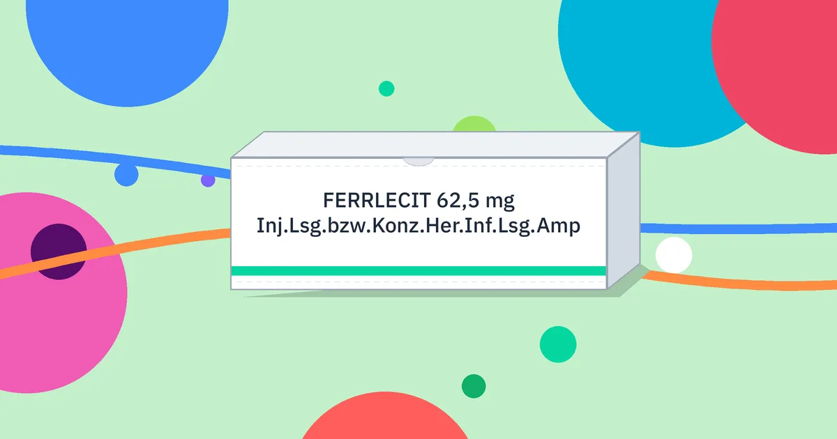 Symbolbild: Packung mit der Aufschrift FERRLECIT 62,5 mg Inj.Lsg.bzw.Konz.Her.Inf.Lsg.Amp (PZN 16887548) – Verfügbarkeit und Bezug in Apotheken in Frankfurt am Main
