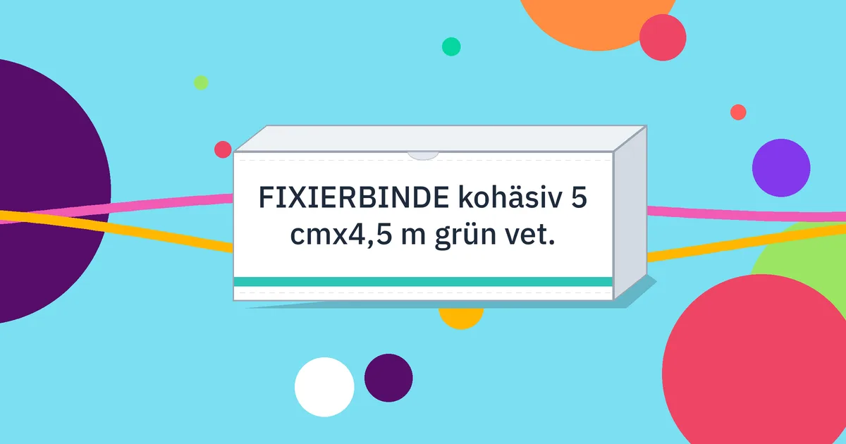 Symbolbild: Packung mit der Aufschrift FIXIERBINDE kohäsiv 5 cmx4,5 m grün vet. (PZN 18605117) – Verfügbarkeit und Bezug in Apotheken in Frankfurt am Main