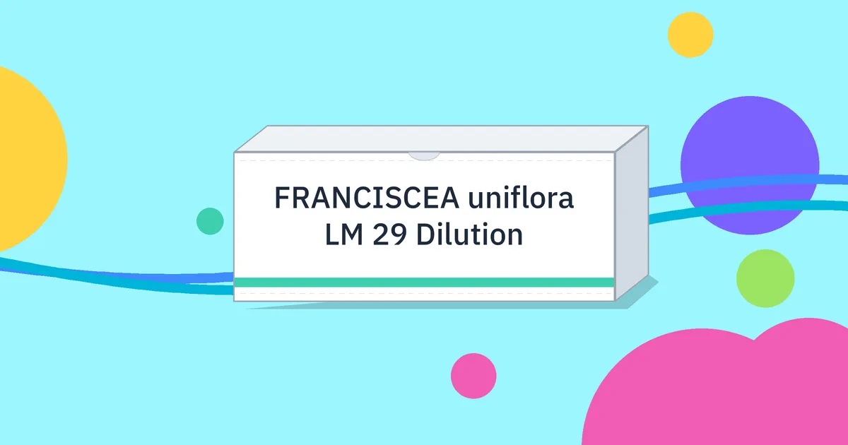 Symbolbild: Packung mit der Aufschrift FRANCISCEA uniflora LM 29 Dilution (PZN 13491301) – Verfügbarkeit und Bezug in Apotheken in Frankfurt am Main